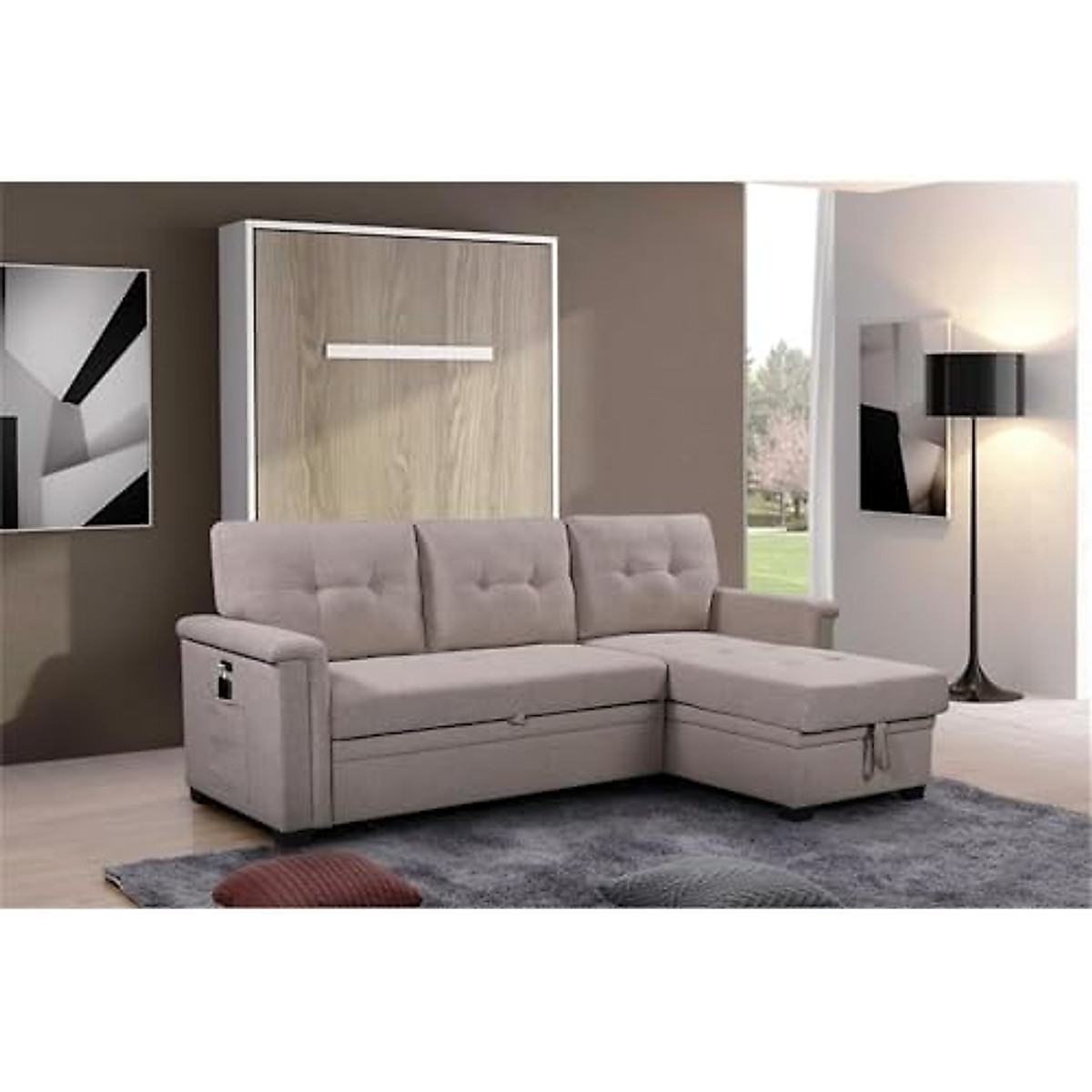 BOWERY HILL Light Gray Reversible Sleeper Sofa Storage Chaise USB Charging Port