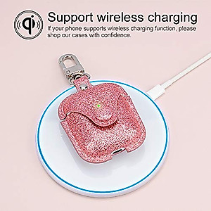J&D AirPods 1 / AirPods 2 PU Leather Case Protective Cover, Sparkling Glittering Portable AirPods Case Cover with Durable Metal Keychain Compatible for AirPods 1, AirPods 2 Cases - Pink