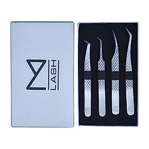 M LASH Eyelash Extension Tweezers (Set of 4) - Professional & Precision Lash Tweezers for Eyelash Extensions - Japanese Steel, Diamond Grip, Fiber Tip I-Series (Silver)