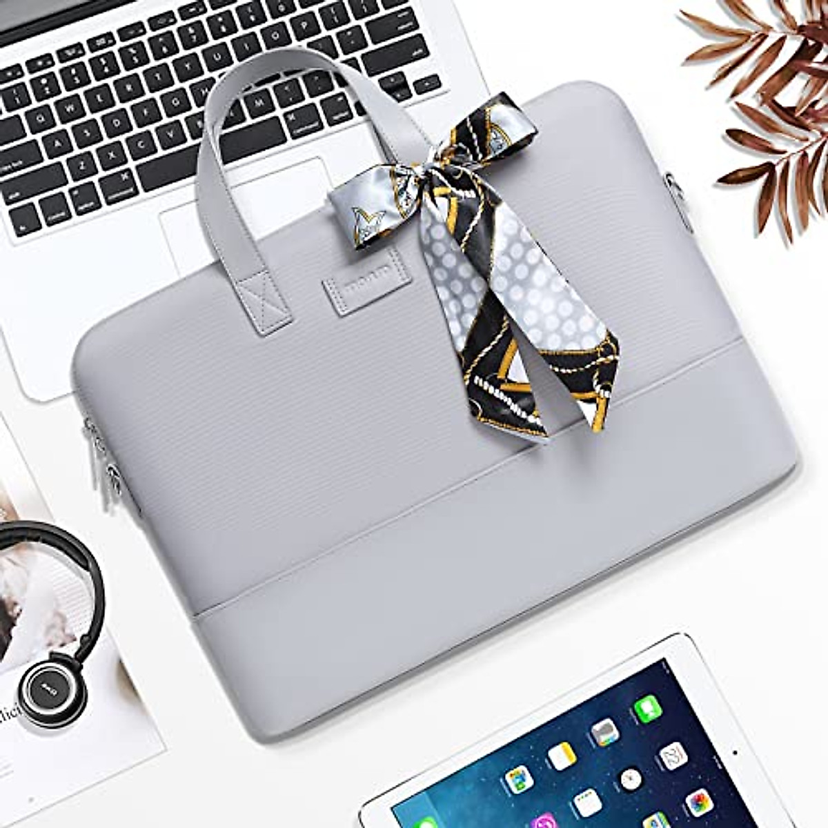 MOSISO Laptop Bag for Women, 15.6 inch Computer Bag Compatible with MacBook Pro 16 inch, HP, Dell, Lenovo, Asus, Razer Notebook, Laptop Shoulder Briefcase with Strap and Silk Scarf, Grey
