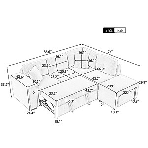 P PURLOVE Pull-Out Sofa Bed, Chenille L-Shaped Sectional Sofa Couch with a Movable Ottoman, 2 USB Ports and 2 Cup Holders for Living Room (Beige)