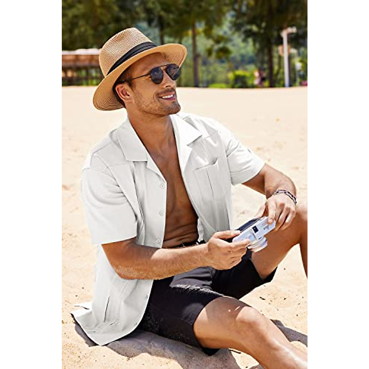 COOFANDY Men's Short Sleeve Button Down Shirts Linen Casual Shirts for Summer Beach Vacation Wear White