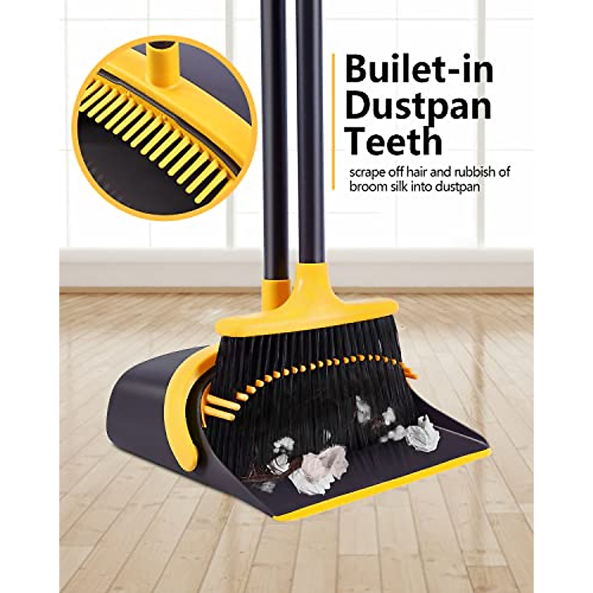 Broom and Dustpan Set, Broom and Dustpan, Broom and Dustpan Set for Home, Stand Up Dustpan Combo Set for Office Home Kitchen Lobby Floor Use (Yellow)