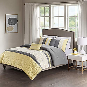 510 DESIGN Cozy Comforter Set - Geometric Honeycomb Design, All Season Down Alternative Casual Bedding with Matching Shams, Decorative Pillows, King/Cal King (104"x92"), Yellow/Grey 5 Piece