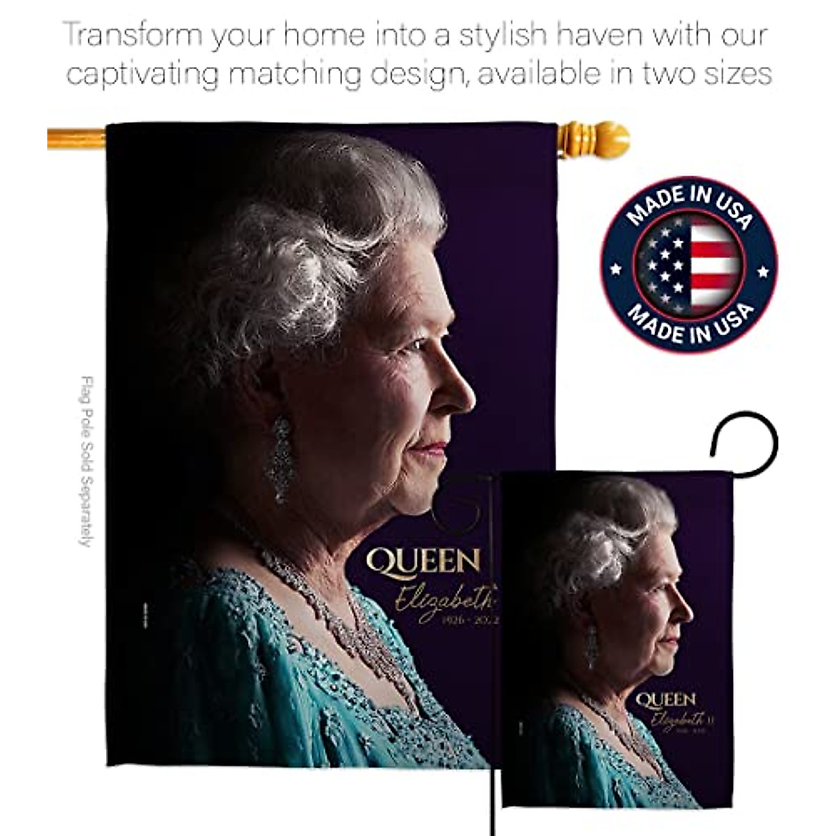 Queen Elizabeth II Flag - Set Wood Dowel Sweet Life Sympathy Remembrance Memorial Bereavement Love Support Emotion Postive - House Banner Small Yard Gift Double-Sided Made In USA 13 X 18.5