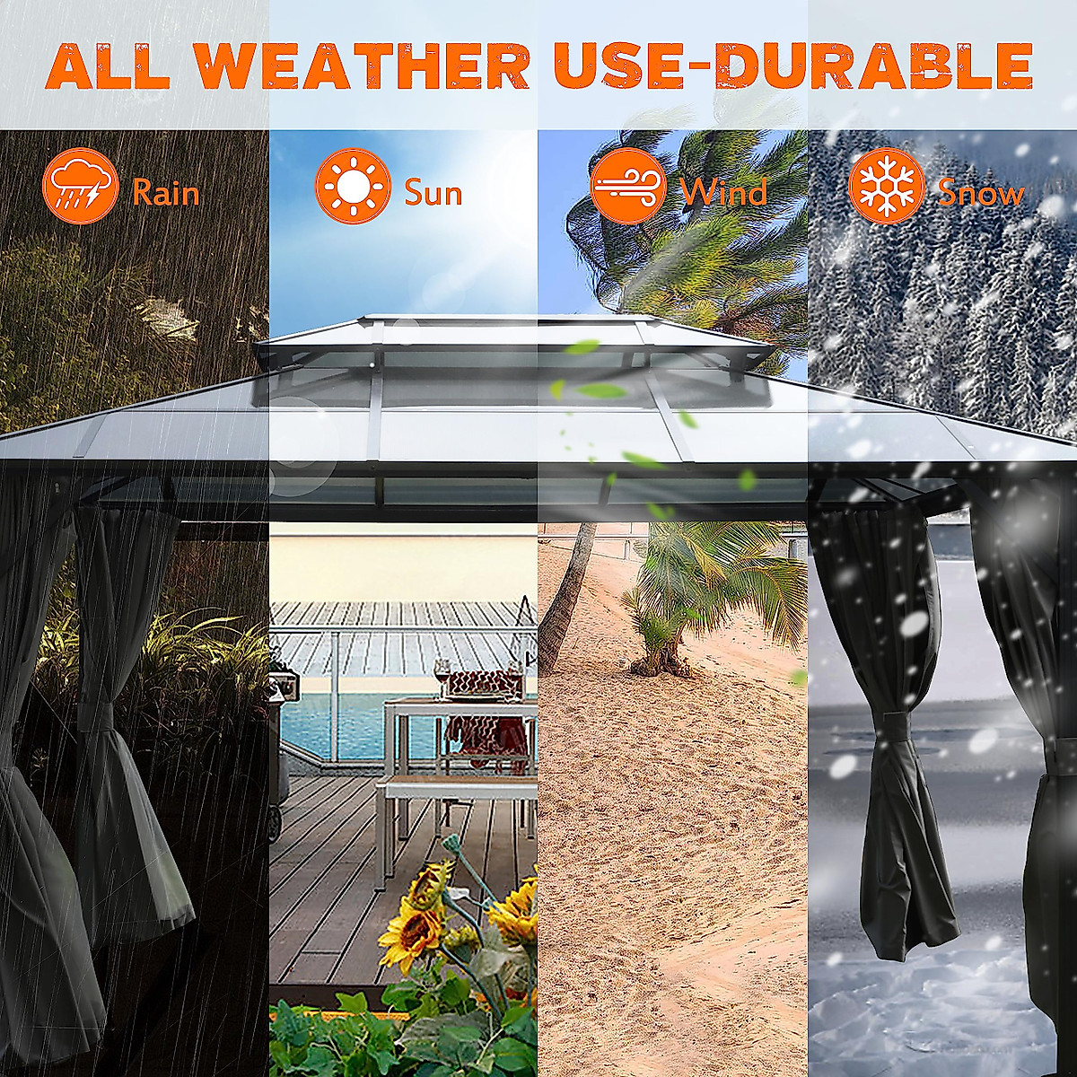 MUPATER Outdoor 10' x 13' Polycarbonate Hardtop Gazebo with Aluminum Frame, Double Roof Canopy, Netting and Curtainsfor Patios, Deck, Lawns, Gardens and Pools