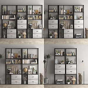 NAIYUFA Bookshelf with Drawers,Rustic Industrial Tall Bookshelf,Vintage Book Shelves Display Shelf for Home Office,Living Room (A+B)