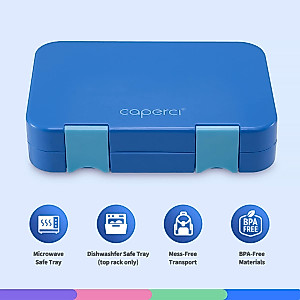 Caperci Versatile Bento Lunch Box for Kids - Leakproof 6-Compartment Children's Lunch Container with Removable Compartment - Ideal Portions Size for Ages 3 to 7, BPA-Free Materials (Blue)