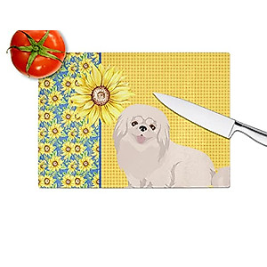 Caroline's Treasures WDK5456LCB Summer Sunflowers White Pekingese Glass Cutting Board Large Decorative Tempered Glass Kitchen Cutting and Serving Board Large Size Chopping Board