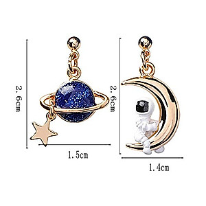 Creative Cartoon Asymmetrical Astronaut Blue Planet Stud Earrings for Women Charm Jewelry Cute Star Moon Earth Spaceman Drop Earrings (Blue)