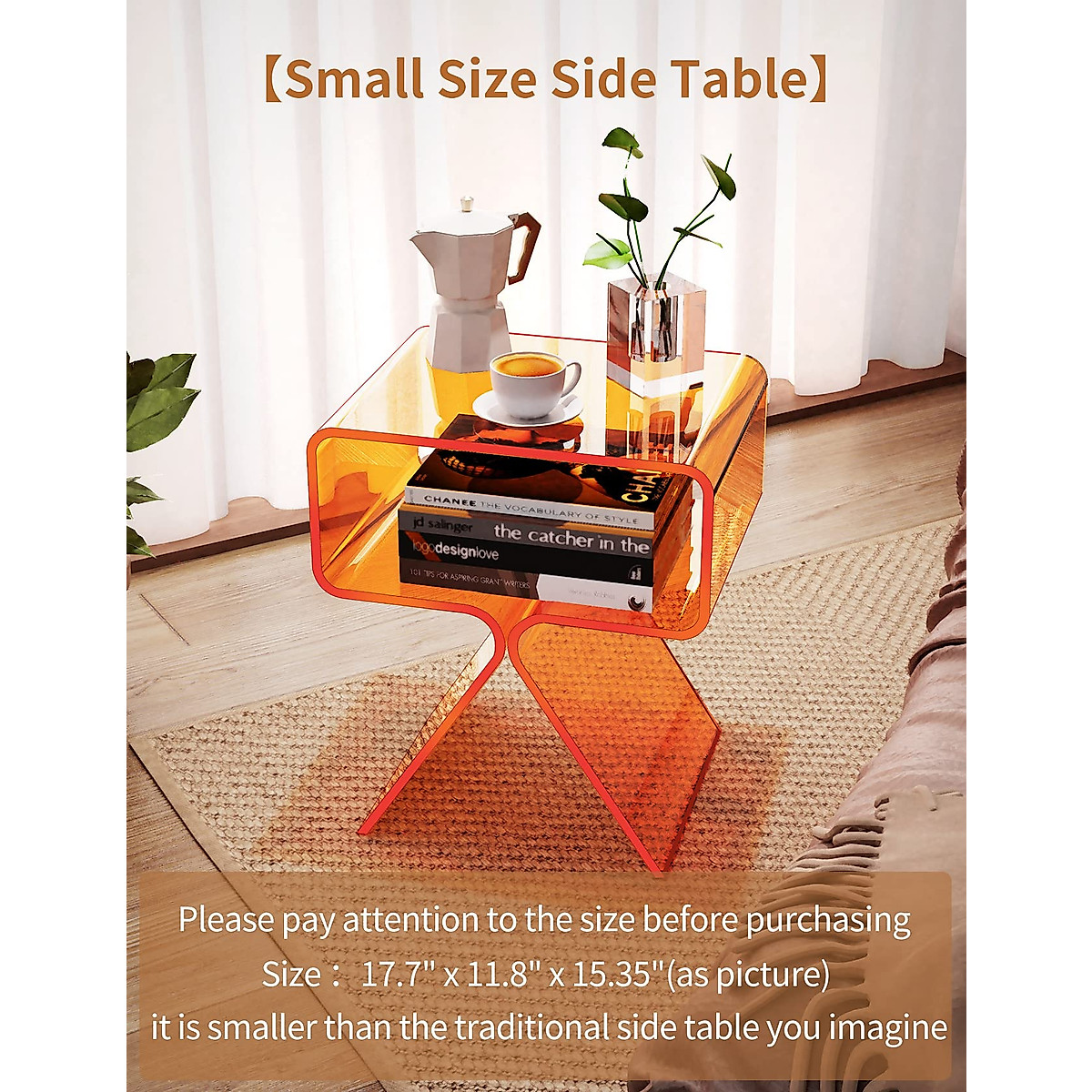 solaround Acrylic Nightstand Side Table Modern Design Clear Home Decor Display End Table for Living Room (Orange)