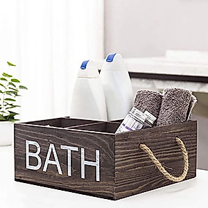 MyGift Bathroom Organizer 4 Cup Bin, 4-Compartment Rustic Dark Brown Wood Bath Caddy Storage Crate with Rope Handles
