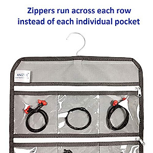 ANIZER Travel Foldable Jewelry Rolls Bag Hanging Jewelry Organizer with 9 Zippered Clear Pockets Storage Pouch with Rotatable Hanger (GREY)