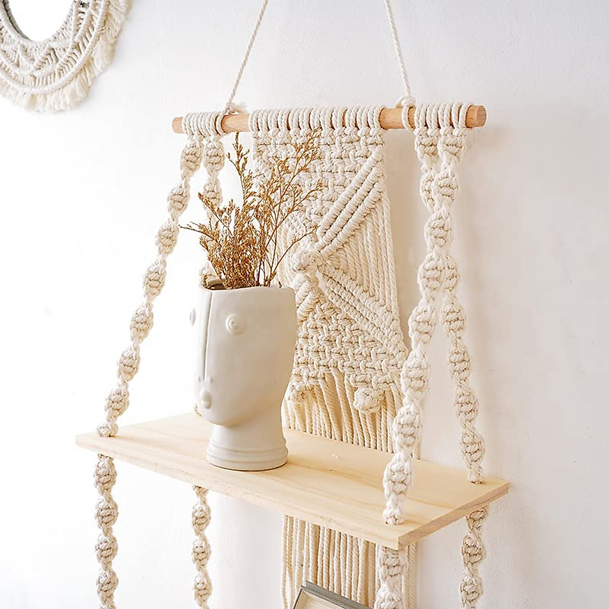 JnnRain Macrame Shelf Wall Hanging Beige Shelves White Decor Plants Home 2D x 1W x 1H in