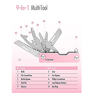 FantastiCAR 9 in 1 Multi-tool, EDC Folding Pocket Knife with Saw for Daily Needs, Outdoor Activities, Christmas Gifts (Pink)