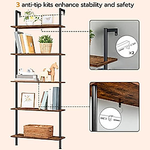 HOOBRO DIY Ladder Shelf Bookcase, 5-Tier Wall Mounted Ladder Bookshelf, Office Vertical Bookcase, Wooden Storage Shelves for Home Office, Bedroom, Living Room, Rustic Brown and Black BF53CJ01