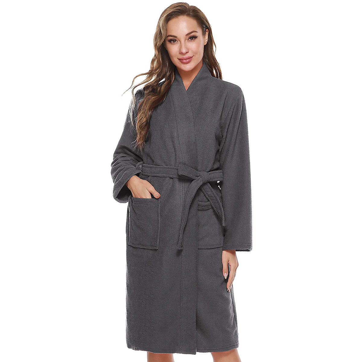 Kniffi Kimono Bathrobe for Women Terry Cloth Robes knee length towel Bathrobe Grey L