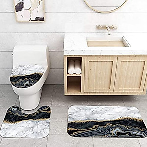 4Pcs Black Shower Curtain Set,Gold Marble Bathroom Sets with Shower Curtain and Rugs and Accessories,Bathroom Curtain with Non-Slip Rugs, Toilet Lid Cover and 12 Hooks,72x72inch