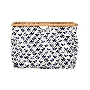 Household Essentials Bamboo Rimmed Krush Basket with Cutout Handles, Blue Cacti