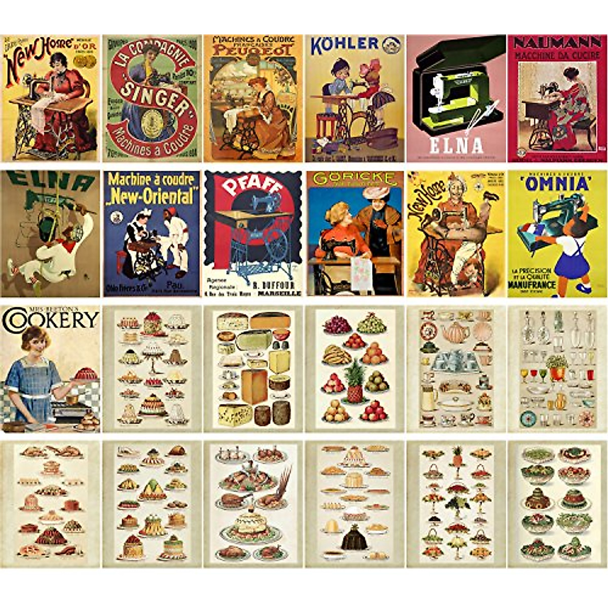 Large Stickers (24 pcs 2.5"x3.5") Sewing Machine Vintage Adverts Posters and Cooking Book