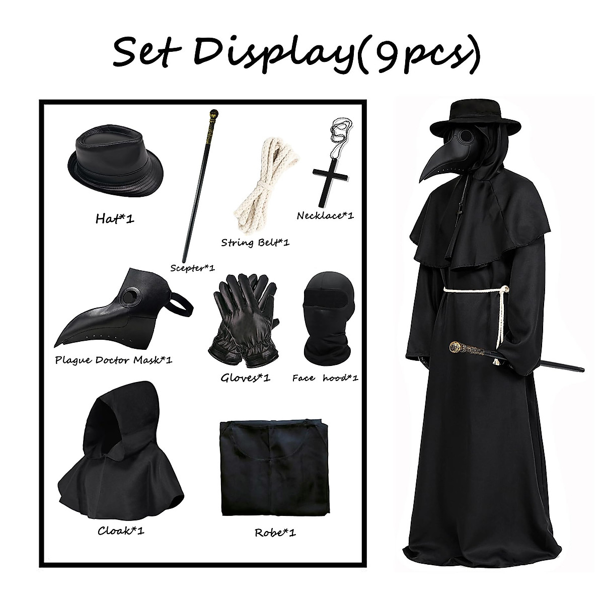 Akokvlar Adult Unisex 9PCS Plague Doctor Costume with Mask Gloves Hat Necalace Scepter (Black, X-Large)
