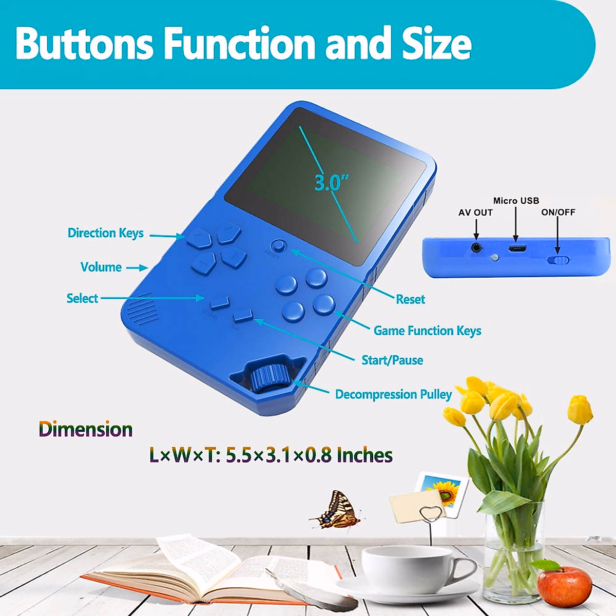 Douddy 16 Bit Handheld Game Console for Kids Adults Built in 220 HD Classic Electronic Games 3.0 Inches Screen USB Rechargeable Seniors Arcade Entertain Player (Blue)