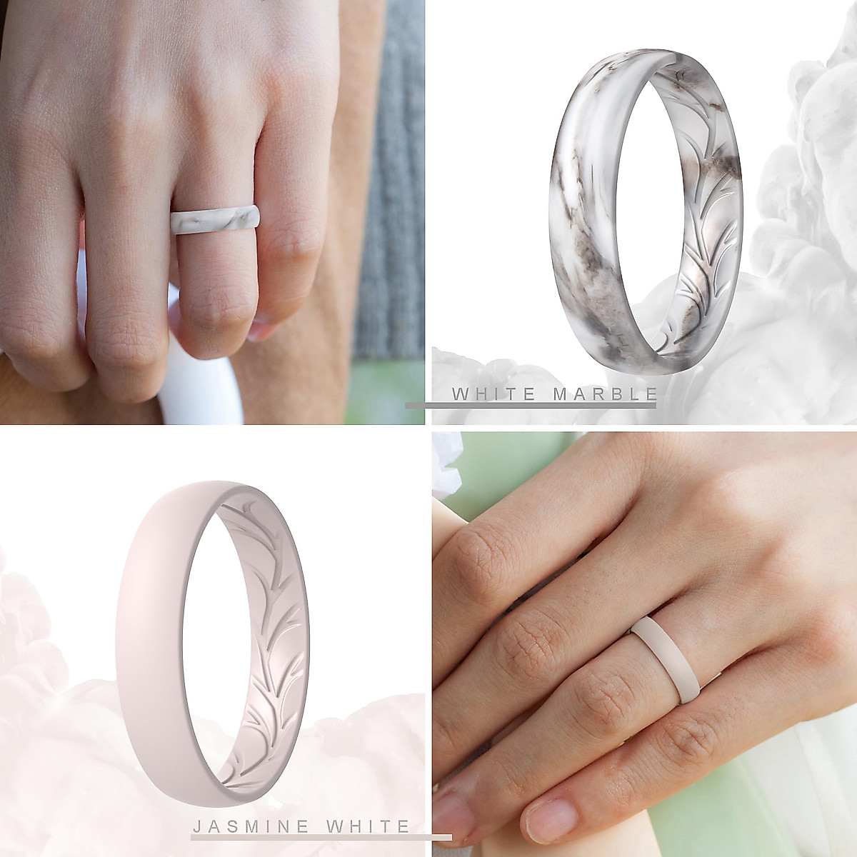 ThunderFit Women Silicone Wedding Rings, Breathable Leaf Cross Pattern Engagement Bands 4mm Wide 1.5mm Thick - 1/4 Variety Multipack (Pack E - Size 5.5-6 (16.5mm))