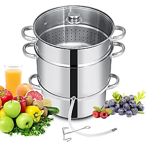 LDAILY 11 Quart Steam Juicer, 3-Layer Steam Juice Extractor, Fruit Vegetable Steamer w/Tempered Glass Lid, Hose, Clamp, Loop Handles, Stainless Steel Steamer Pot Cookware for Making Juice/Jelly/Pasta