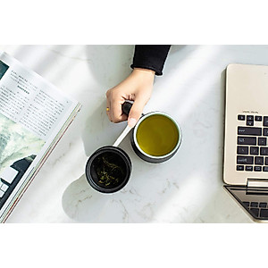 iHarbort Tea Cup with Sandalwood handle, 13 oz, Ceramic Tea Mug with Porcelain Infuser and Lid for Hot Tea or Coffee, Gift Set, 1-Pack (Matte Grey)