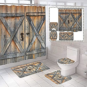 4 Piece Rustic Barn Door Shower Curtains Sets with Non-Slip Rugs, Toilet Lid Cover and Bath Mat, Bathroom Sets with Shower Curtain and Rugs and Accessories