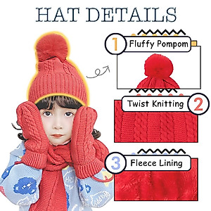 Kids Winter Hat Scarf Mittens Set Toddler Knitted Beanie Girls Fleece Children Neck Warmer Boys Warm Gloves 2-7 Years (Red)