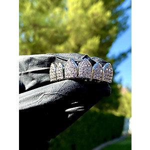 18K White Gold Plated CZ Cluster Custom Slugs Top Grillz Mouth Teeth Grills - Grillz, Teeth Cap, Iced Out Grillz (Top)