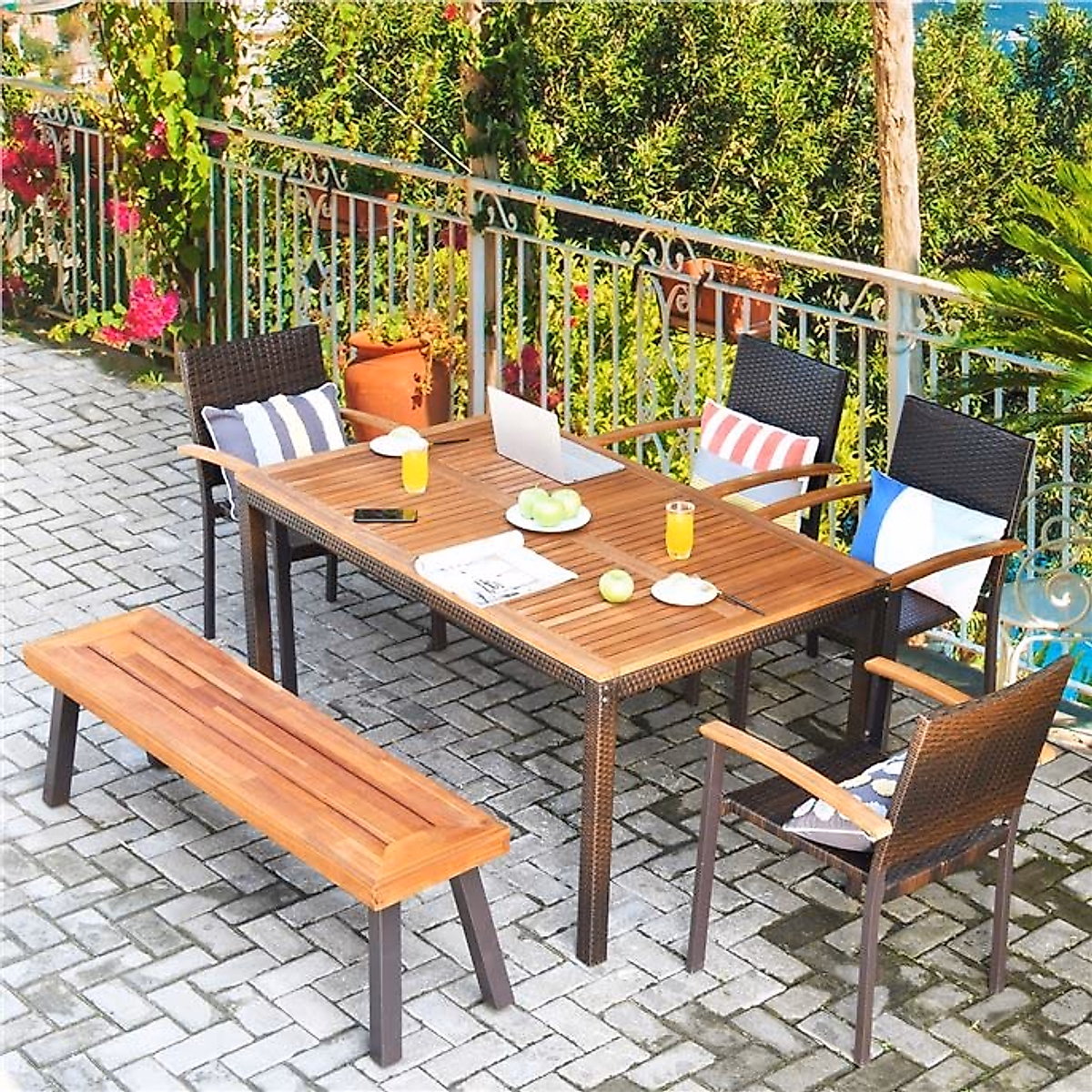 Tangkula Outdoor Acacia Wood Bench, Patio Dining Bench Picnic Bench with Steel Legs, Wooden Bench for Porch Garden Poolside Living Room Balcony, Ideal for Indoor & Outdoor Use (1, Teak)