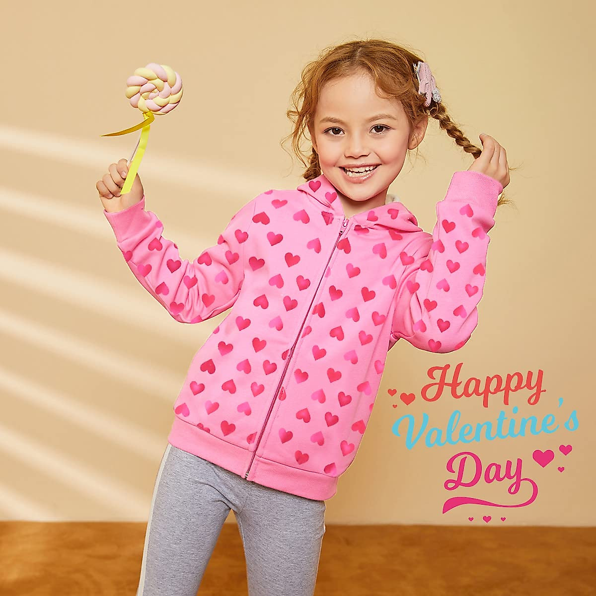 Kids Girls Zip-up Jacket Toddler Hoodies Long Sleeve Heart Print Hooded Sweatshirt Cute Sweater Cotton Tee Shirt Top Fall Winter Clothes Valentine's Day Outfit for Girls Size 7