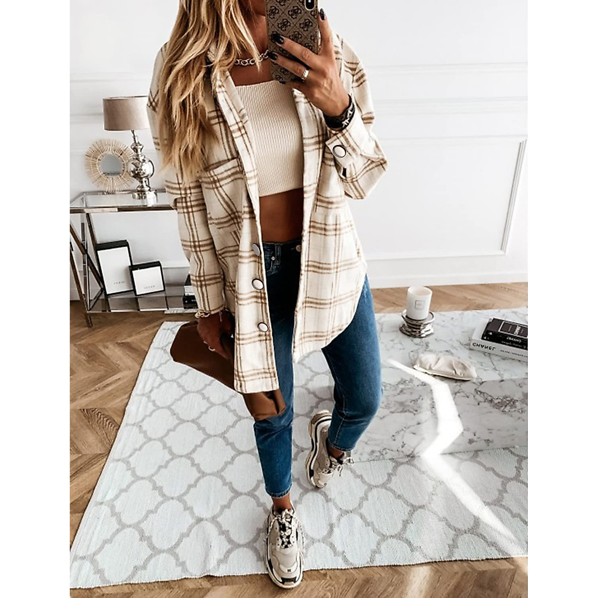 Ladies button shirt long-sleeved plaid top regular-fit casual T-shirt with pockets Khaki Medium