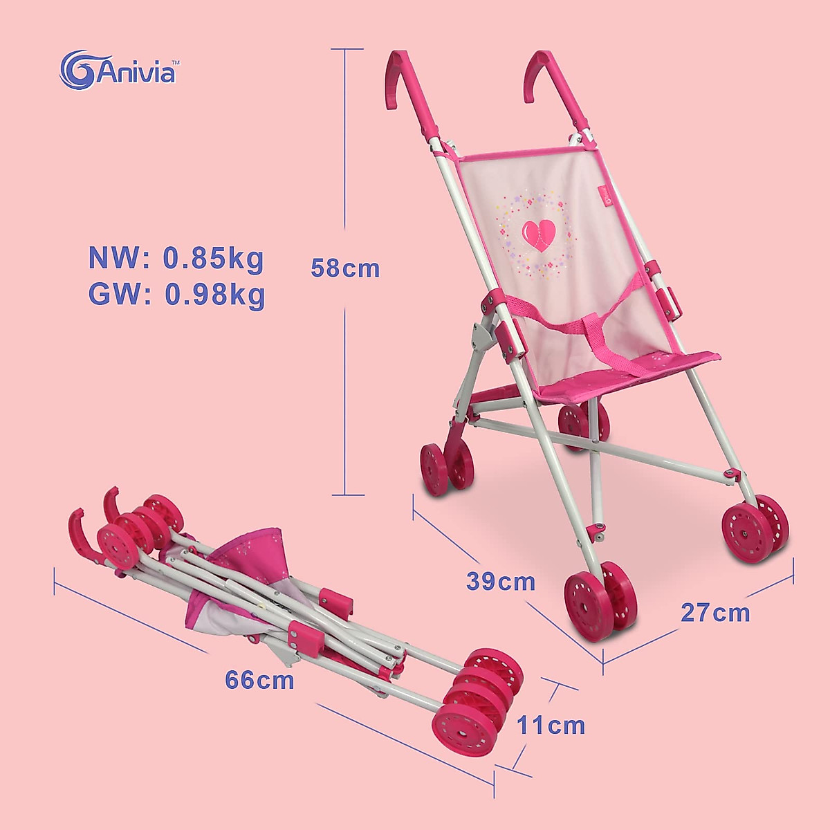Anivia Baby Doll Collection Doll Stroller Heart Design Gifts for Toddlers and Girls Foldable Doll Stroller