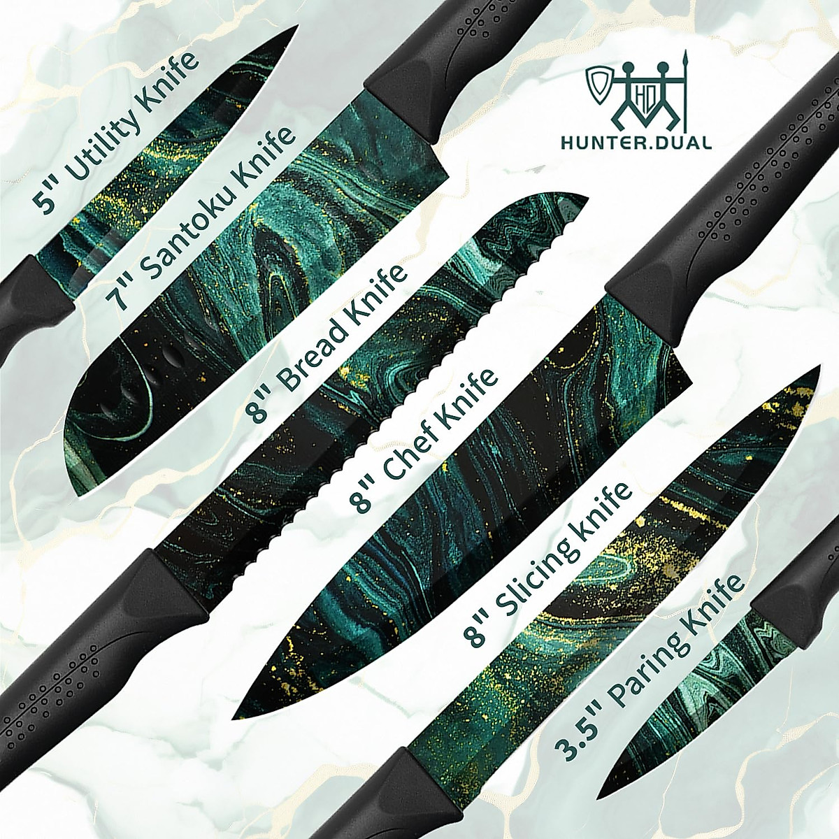 HUNTER.DUAL Knife Set, 12-PC Colorful Kitchen Knife Set, 6 Sharp Kitchen Knives with Covers for Cooking, Cutting&Chopping, Greenstone