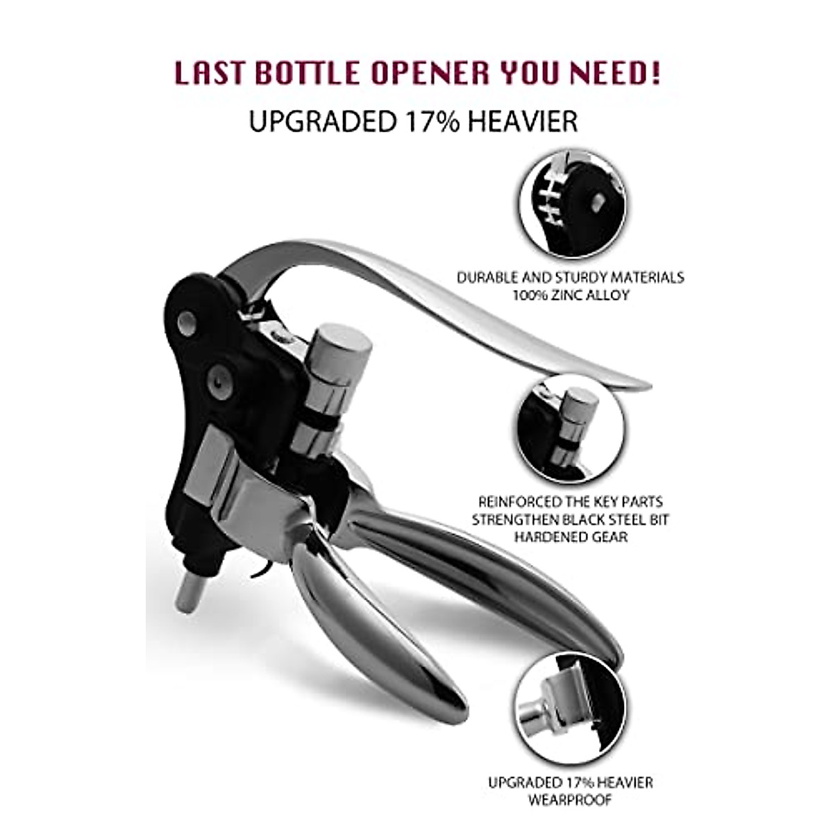 Wine Opener, KITESSENSU Easy Lever Wine Corkscrew with No-Stick Worm, 6-Piece Wine Bottle Opener Set with Foil Cutter, Bottle Stopper, Pourer, Extra Cork Screw and Base, Silver
