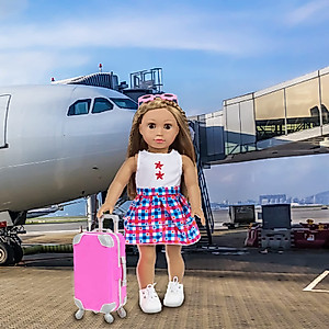 ZQDOLL American 18 inch Doll Clothes and Accessories - Doll Travel Suitcase Play Set Including Suitcase Doll Clothes, Shoes, Sunglasses, Camera, Unicorn Pillow, for 18 inch Doll(No Doll)