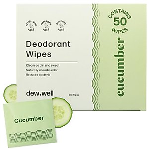 Dew Well Refresh Deodorant Wipes - 50 Individually Wrapped Wet Wipes for Body, Face, and Armpits - Travel Size Toiletries for Men and Women - Aluminum, Paraben, and Sulfate Free (Cucumber Scent)