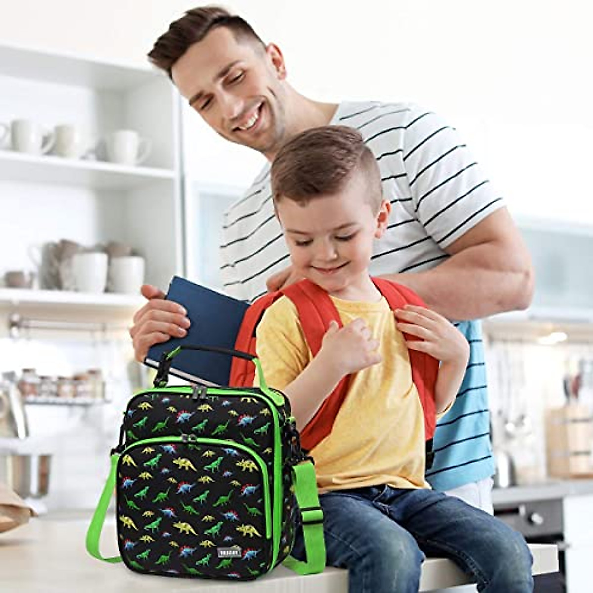 VASCHY Cute Dinosaur Backpack and Large Insulated Lunch Bag Bundle