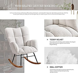 Ugijei Rocking Chair Nursery, Teddy Upholstered Glider Rocker with High Backrest, Modern Rocking Accent Chair for Nursery, Living Room, Bedroom (Ivory)