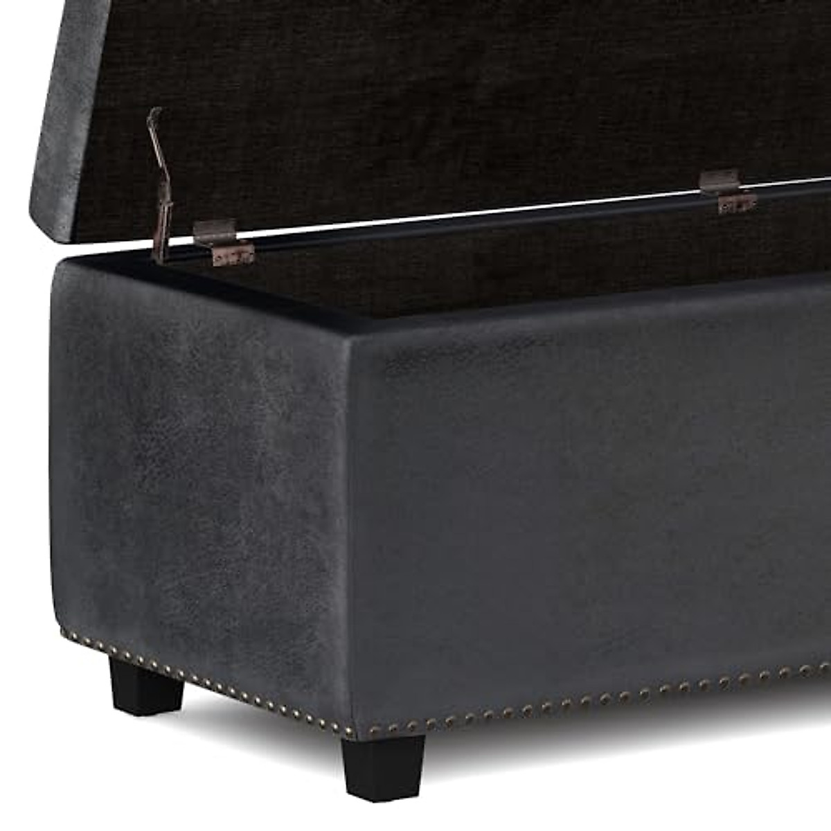 SIMPLIHOME Hamilton 48 inch Wide Rectangle Lift Top Storage Ottoman in Upholstered Distressed Black Tufted Faux Leather with Large Storage Space for Living Room, Entryway, Bedroom, Transitional