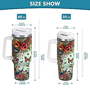 Maunzc 30 oz Tumbler with Handle and Straw, Insulated Stainless Steel Travel Mug with Lid for Coffee, Iced Tea, Water, Gift for Men Women (Butterflies and Herbs)