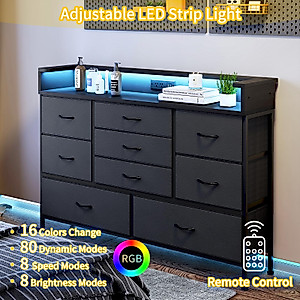 Fixwal Black LED Dresser, Dresser with 9 Drawers and Charging Station, Fabric Chest of Drawers with PU Finish for Kid Room, Entryway, Living Room, Hallway