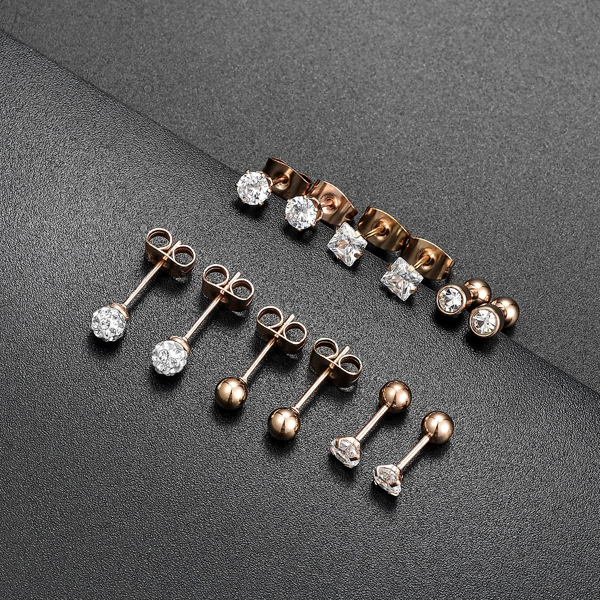 Tornito 6 Pairs Stainless Steel Stud Earrings CZ Ball Earring Set For Men Women 4MM/6MM/8MM Silver Rose Gold Tone