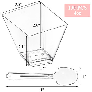 Fasmov Dessert Cups with Spoons, 100 Pack 4oz Square Clear Plastic Parfait Appetizer Cup, Plastic Tumbler Cups Pudding Cups for Fruit, Desserts, Mousse, Ice Cream