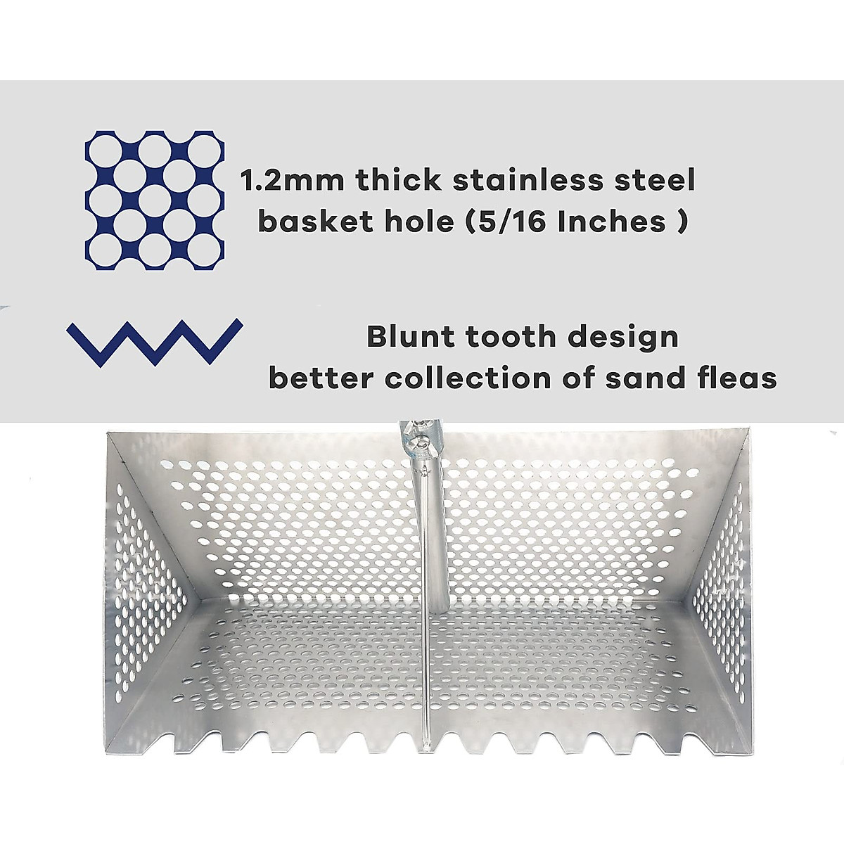 Sand Fleas Rake, Stainless Steel Sand Sifter, Detachable 47 Inches Long Handle, 15.7 Inches Width Basket, Sand Crab Catcher with Sharp Teeth,Collapsible Sand Fleas Catcher for Travelling.