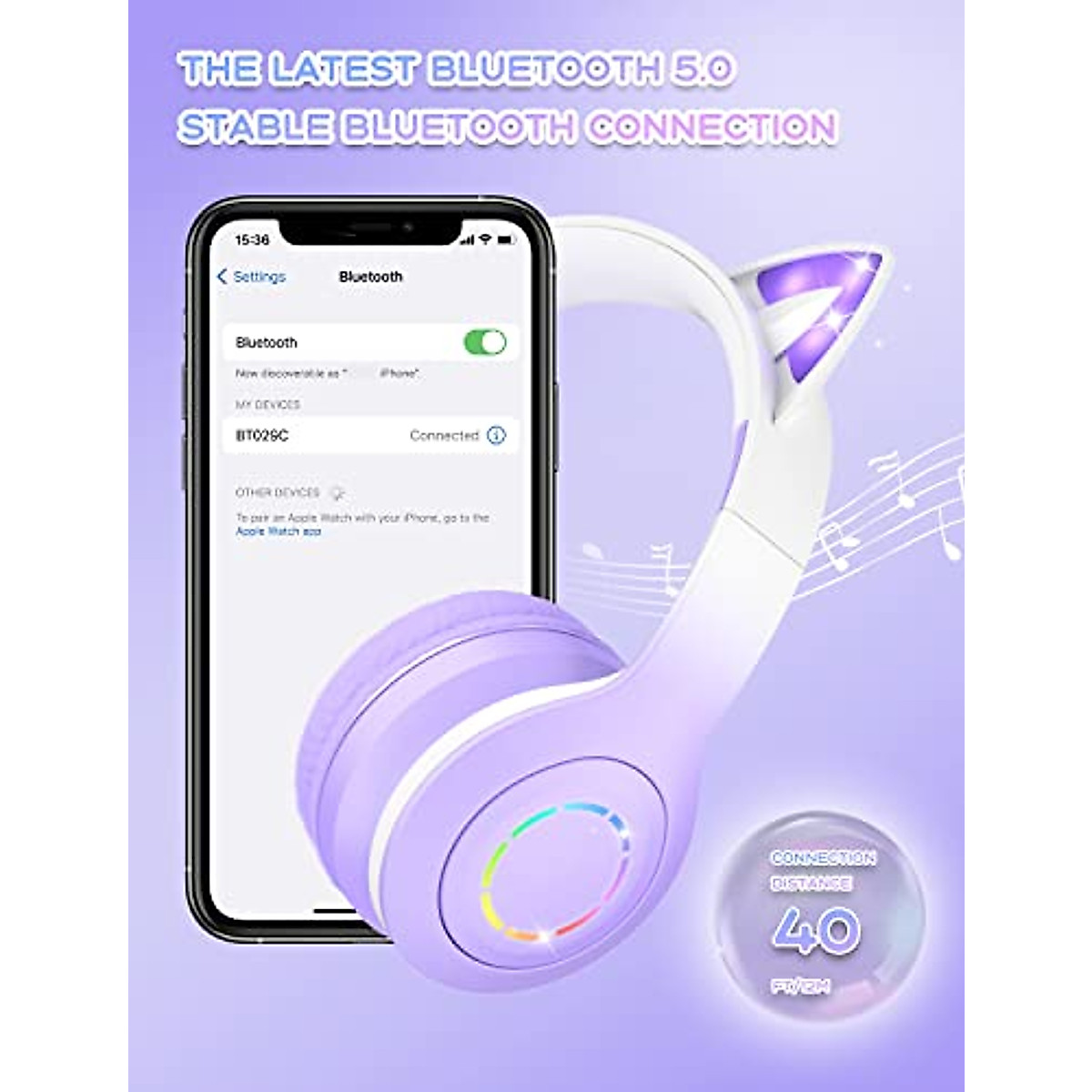 VuyKoo Bluetooth Headphones with Microphone/RGB LED Light Up, Cat Ear Wireless Headphones, Stereo Gaming Headset for Cellphone/PC/Laptop/Tablet/TV Kids Girls & Boys Teens/Birthday Gift (Purple)