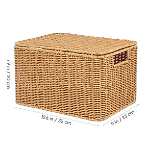 ABOOFAN Wicker Storage Basket with Lid Woven Rattan Seagrass Storage Box Rectangular Household Organizer Boxes Shelf Wardrobe Organizer Cube Clothes Container for Organizing